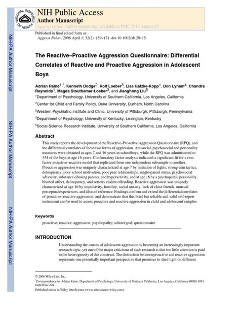 The Reactive Proactive Aggression Pdf Psychopathy Impulsivity