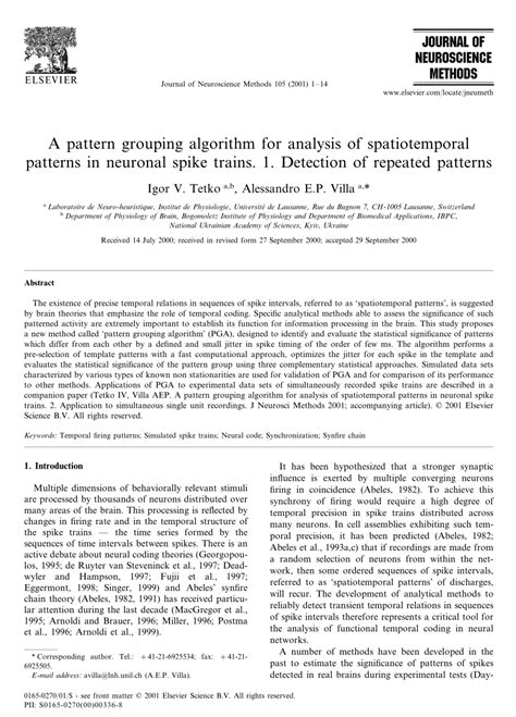 Pdf A Pattern Grouping Algorithm For Analysis Of Spatiotemporal Patterns In Neuronal Spike