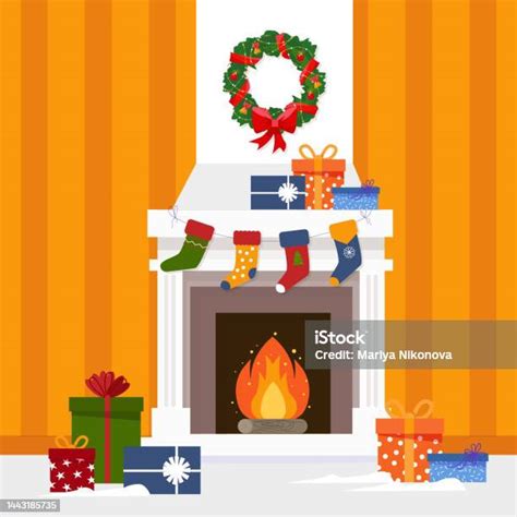 벽난로 화환 및 선물 상자에 크리스마스 스타킹 크리스마스 긴 양말 산타 클로스 선물 평면 디자인의 크리스마스 벽난로 장면 개념 메리 크리스마스와 새해 복 많이 받으세요 겨울