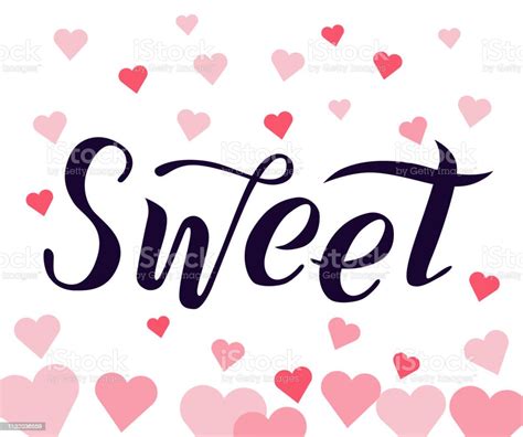 분홍색 하트와 흰색 질감 된 배경에 달콤한 검은 글자 텍스트 수 제 브러시 서 예 벡터 일러스트입니다 포스터 로고 장식 카드 배너 엽서 및 인쇄를 위한 달콤한 벡터 디자인