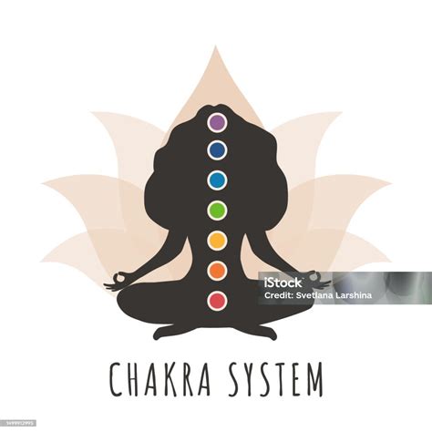 인체의 일곱 차크라 시스템 기본 에너지 센터가 있는 명상적인 여성 실루엣 요가 휴식 또는 건강한 생활 방식 개념 의료 인도 문화 플랫 벡터 그림 뿌리에 대한 스톡 벡터 아트