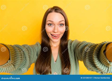 Photo Portrait Of Girl Licking Lips Taking Selfie Isolated On Vivid