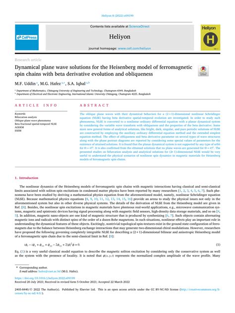Pdf Dynamical Plane Wave Solutions For The Heisenberg Model Of Ferromagnetic Spin Chains With