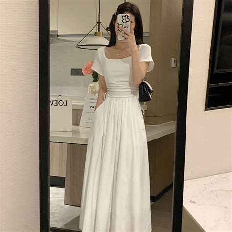 여성 여름 반팔 롱원피스 무지 플레어 레이어드 드레스 Ej0111