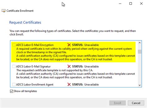 the request for a certificate fails with error message 0x800b0101