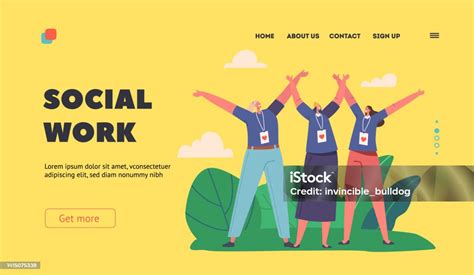 사회 복지 방문 페이지 템플릿 즐거운 자원 봉사자들이 손을 들고 미소 짓고 있습니다 배지 자선 단체와 함께 행복한 캐릭터 지원에 대한 스톡 벡터 아트 및 기타 이미지