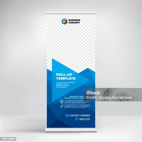 롤 업 광고 배너 서식 파일 서 프레 젠 테이 션 전시 프로 모션 제품 컨퍼런스 세미나 대 한 사진 배치 텍스트 형상 파란색 배경 대중 음악가에 대한 스톡 벡터 아트 및