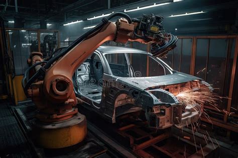 Metal Robotic Arm Welding Seams On Metal Car Frame Stock Illustration Illustration Of