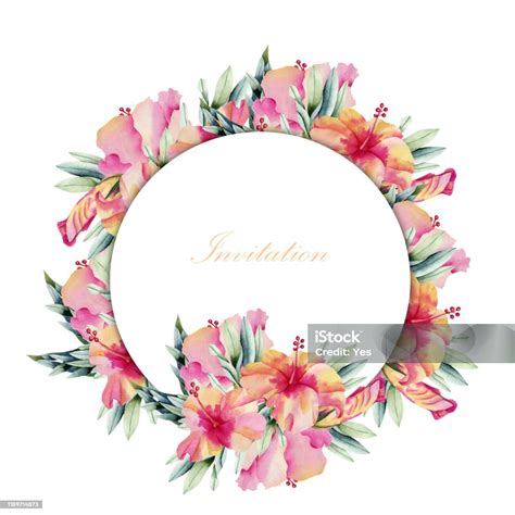 수채화 히비스커스 꽃과 녹색 잎 흰색 배경에 그려진 손으로 라운드 프레임 초대 카드 디자인 계절에 대한 스톡 벡터 아트 및 기타