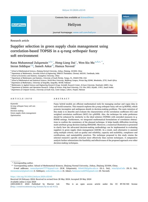 Pdf Supplier Selection In Green Supply Chain Management Using Correlation Based Topsis In A Q