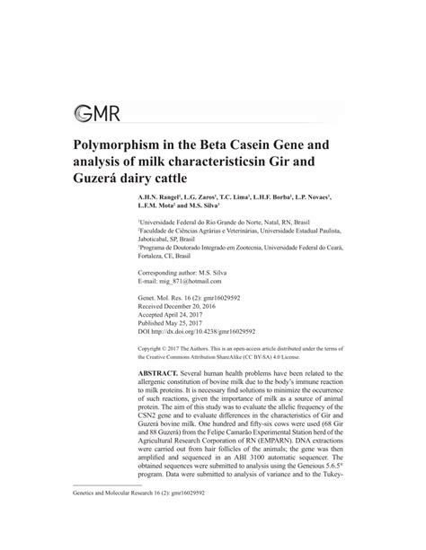 Pdf Polymorphism In The Beta Casein Gene And Analysis Of Milk Characteristicsin Gir And Guzerá