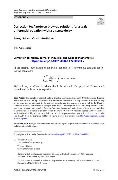 Pdf Correction To A Note On Blow Up Solutions For A Scalar Differential Equation With A