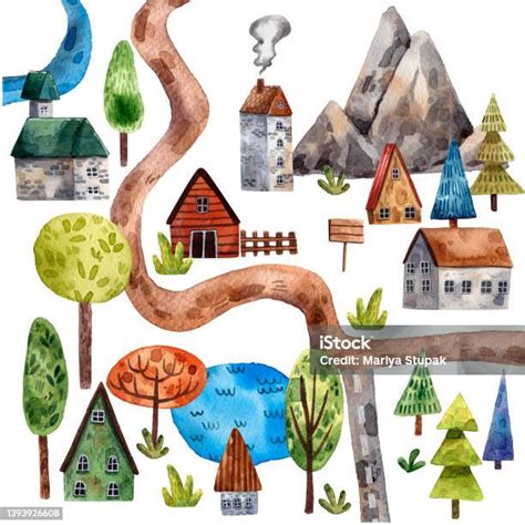 수채화 풍경 카드 산과 시골 관광지도 손으로 그린 만화 스타일의 일러스트레이션 마법의 풍경 호수와 강 단순히 드로잉 스타일 귀여운 집과 나무 야외 산책 0명에 대한 스톡