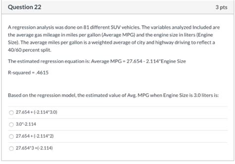 question 22 3 pts a regression analysis was done on 81 different suv