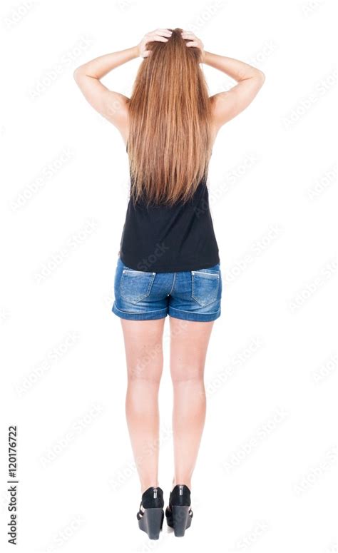 Back View Of Standing Young Beautiful Redhead Woman Girl Watching