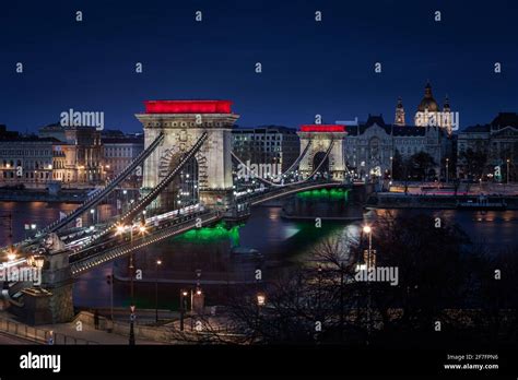 Budapest Hungary The World Famous Illuminated Szechenyi Chain Bridge