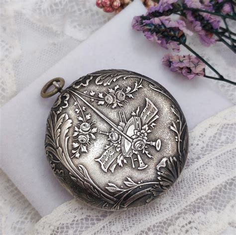 Antique French Silver Compact Pendant Art Nouveau Floral And Musical