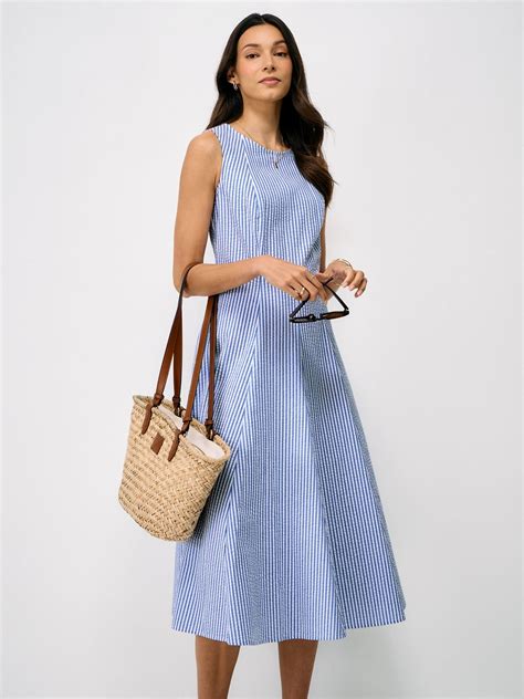 Crew Clothing Flo Cotton Fit And Flare Dress Blue White
