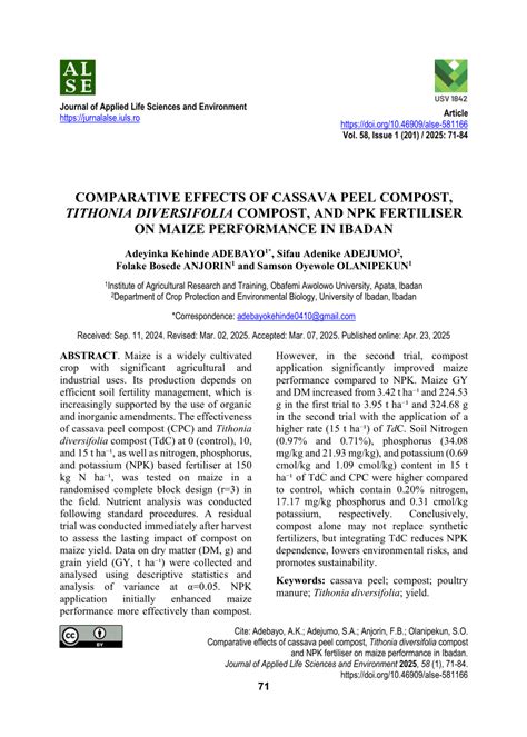 Pdf Comparative Effects Of Cassava Peel Compost Tithonia Diversifolia Compost And Npk