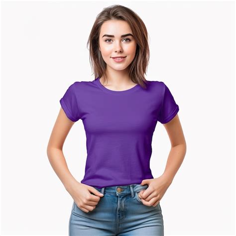 Premium Photo A Woman Wearing A Purple T Shirt With A Blue Background