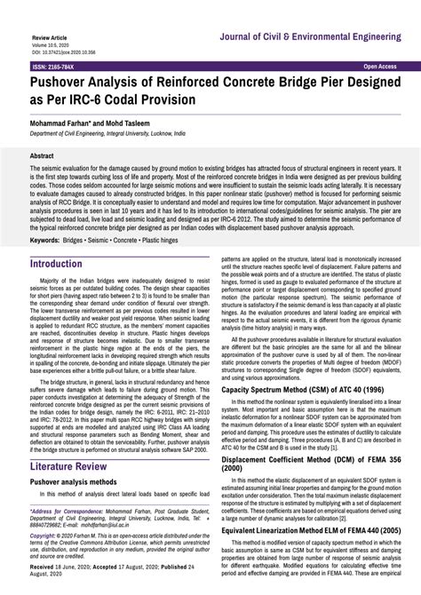 Pdf Pushover Analysis Of Reinforced Concrete Bridge Pier Designed As Per Irc 6 Codal Provision