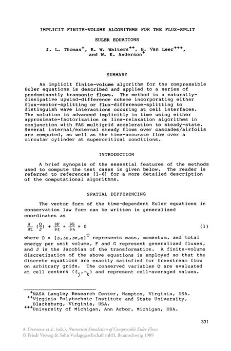 Pdf Implicit Finite Volume Algorithms For The Flux Split Euler Equations