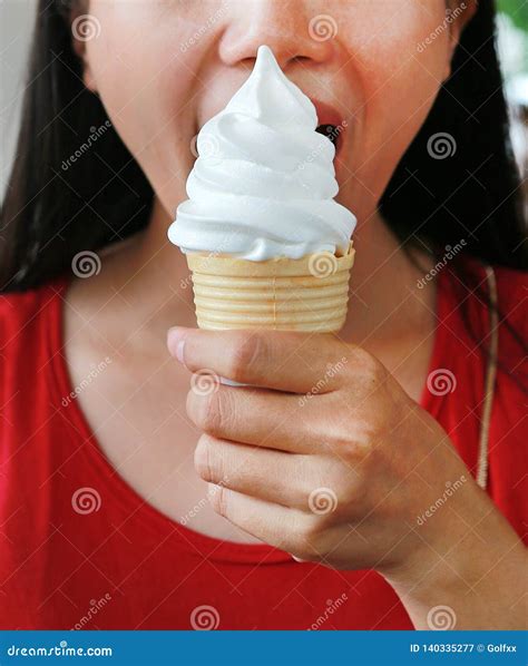 Closeup Of Female Mouth Eating An Ice Cream Stock Image Image Of Lick