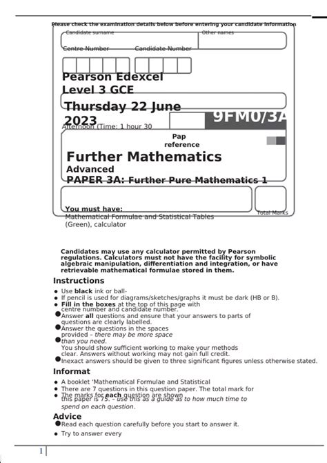 Pearson Edexcel GCE A Level Further Mathematics FM Paper A Further Pure Mathematics