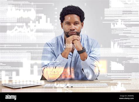 Black Man Portrait And Dashboard Coding And Hologram Cybersecurity Information Technology