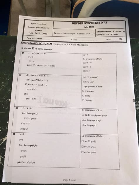 2 ème Sciences Informatique Devoirs De Synthèse Informatique Trimestre 3