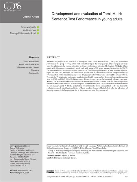 Pdf Development And Evaluation Of Tamil Matrix Sentence Test