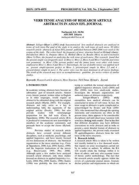 Verb Tense Analysis Of Research Article Abstracts In Asian Efl Journal