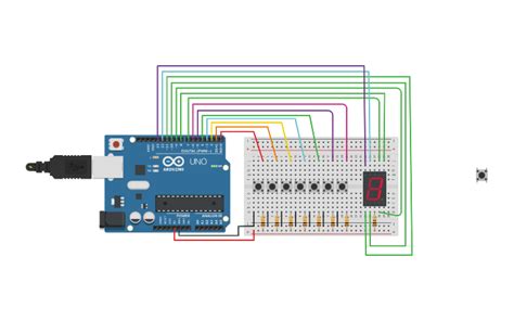 circuit design seven segmen dengan push botton tinkercad