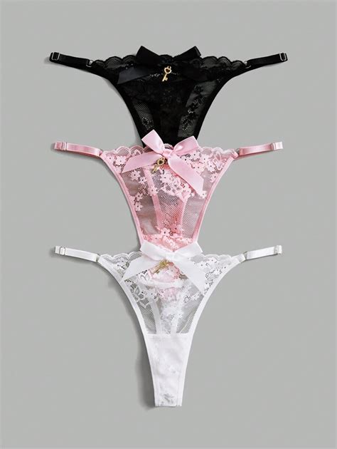 Romwe Kawaii 3packs Himekaji Floral Lace Bow Decor Thongs Sexy Shein Usa