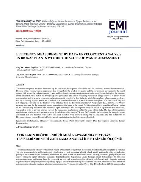 Pdf Efficiency Measurement By Data Envelopment Analysis In Biogas Plants Within The Scope Of