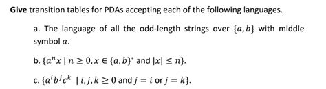 Solved Give Transition Tables For PDAs Accepting Each Of The Chegg Com