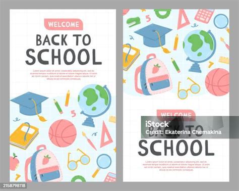 배경에 학교 용품이 있는 배너 또는 포스터 템플릿의 학교로 돌아가기 세트입니다 학교 개념 벡터 일러스트 레이 션 가위에 대한