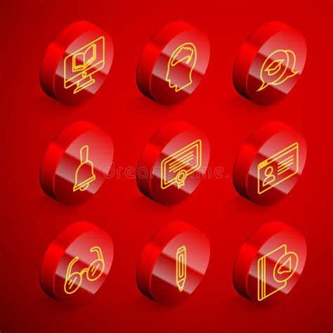 Set Line Online Class Human Brain Graduation Cap Speech Bubble Ringing Bell Certificate