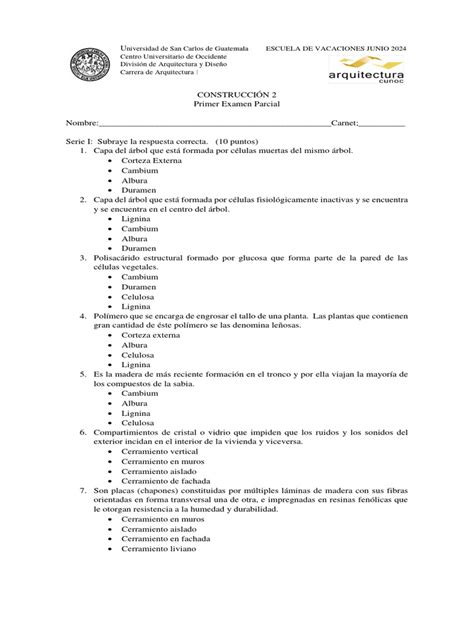 Primer Examen Parcial Construcción 2 Pdf Madera Lignina