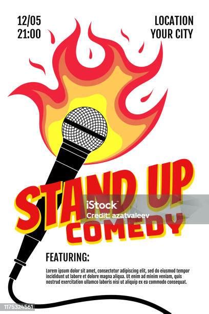 스탠드 업 코미디 나이트 라이브 쇼 A3 A4 포스터 디자인 템플릿 흰색 배경에 불이 붙은 마이크 뜨거운 만화 농담 로스트 컨셉 전단지 벡터 재미 굽기 오픈 마이크 무대