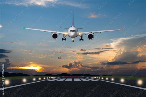 Photography Poster Airplane Landing In The Evening With Beautiful