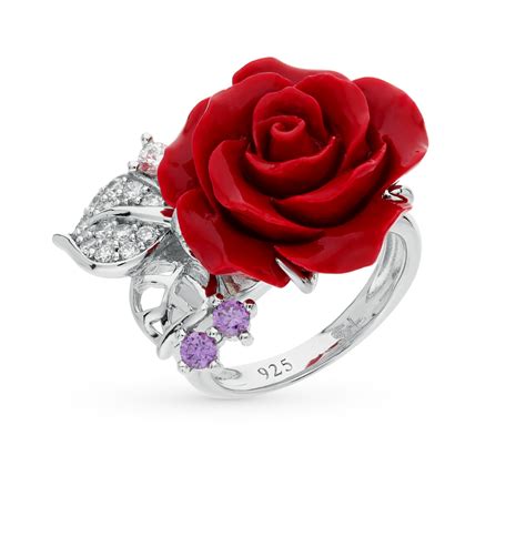 Серебряное кольцо с кораллом и фианитами SUNLIGHT S9400-K9W-01: белое ...