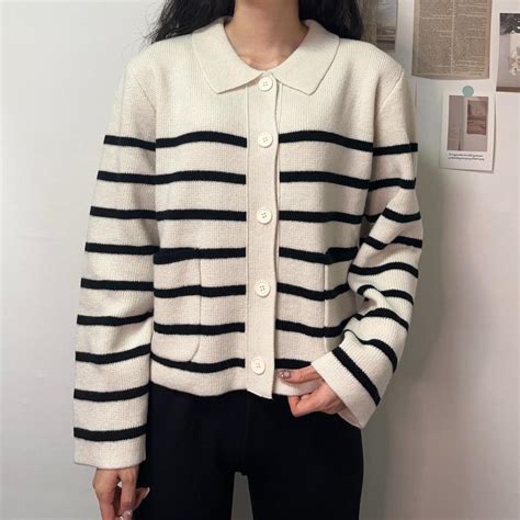 로즈쥬 여성 간절기 캐주얼 줄무늬 스프라이프 단가라 울 니트 집업 카라 가디건 4color