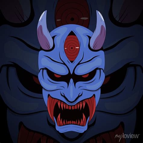 Oni Traditional Japanese Demon Mask With Blue Skin And Red Eyes Wall