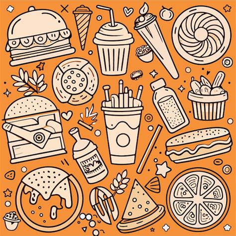 Handdrawn Cute Food Doodles On Orange Background Premium Ai Generated