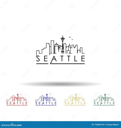Linear Seattle City Silhouette With Typographic Design Multi Color Icon Simple Thin Line