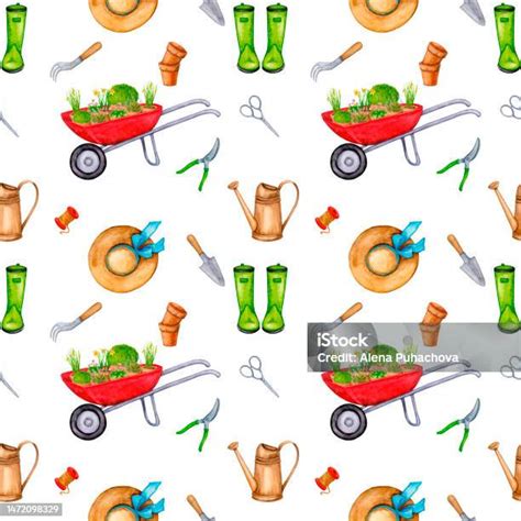 수레 물뿌리개 고무 장화 및 원예 도구에 꽃의 다채로운 삽화가 있는 원활한 원예 패턴 포장 섬유 벽지 문구류 등에 대한 반복되는 배경 가정 생활에 대한 스톡 벡터 아트 및