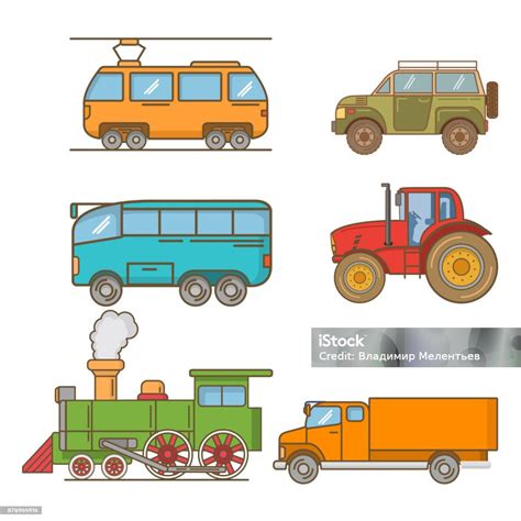 전기 농업 트랙터 여객 관광 버스 배달 트럭도 트럭 자동차 여행에서 증기 기관차 철도 트램 도시 대 중 교통입니다 케이블 카에 대한 스톡 벡터 아트 및 기타 이미지 Istock