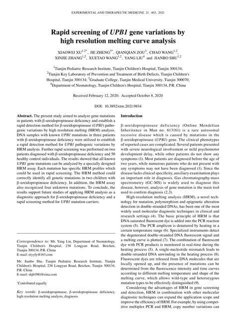 Pdf Rapid Screening Of Upb1 Gene Variations By High Resolution