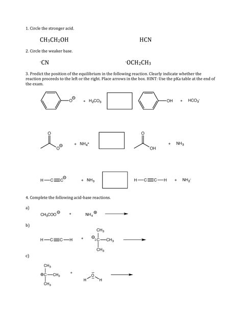 Acid Base Practice Notes Circle The Stronger Acid CH CH OH HCN Circle The Weaker